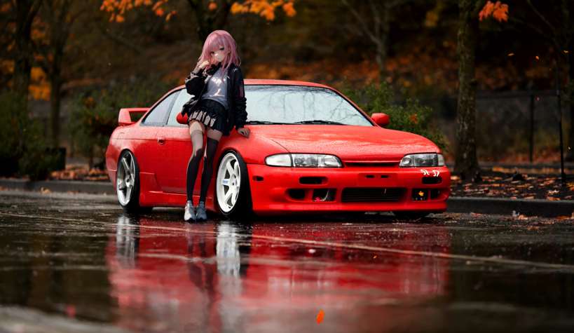 Nissan Silvia S14 & Anime Girl - Autumn Rain JDM Live Wallpaper